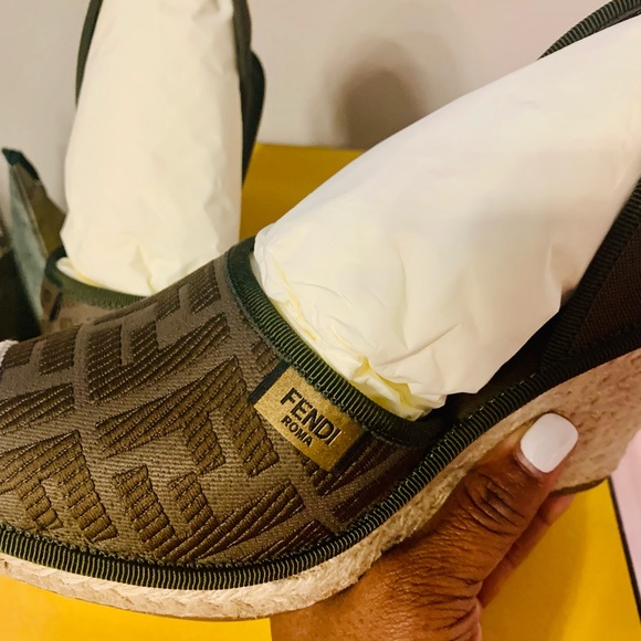 Fendi | Shoes | Authentic Amazonia Fendi Ff Logo Canvas Wedge Heel Espadrille Size 365 | Poshmark